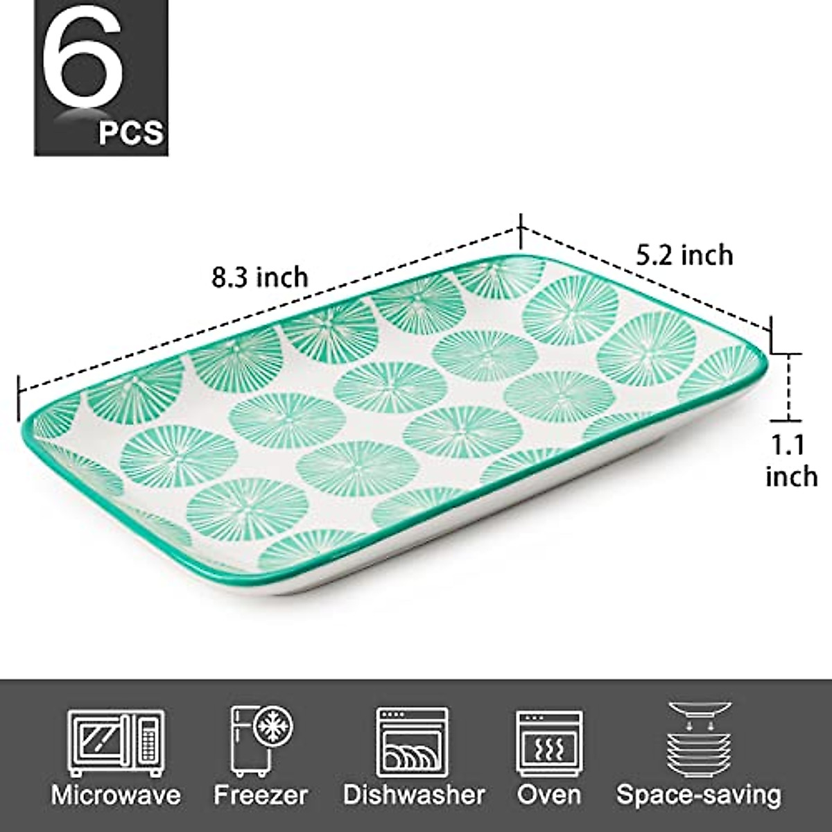 KitchenTour Rectangular Serving Platter, 8 inch Ceramic Dinner Plates Serving Trays Set of 6 for Salad, Appetizers, Sushi, Fruit, Microwave and Dishwasher Safe