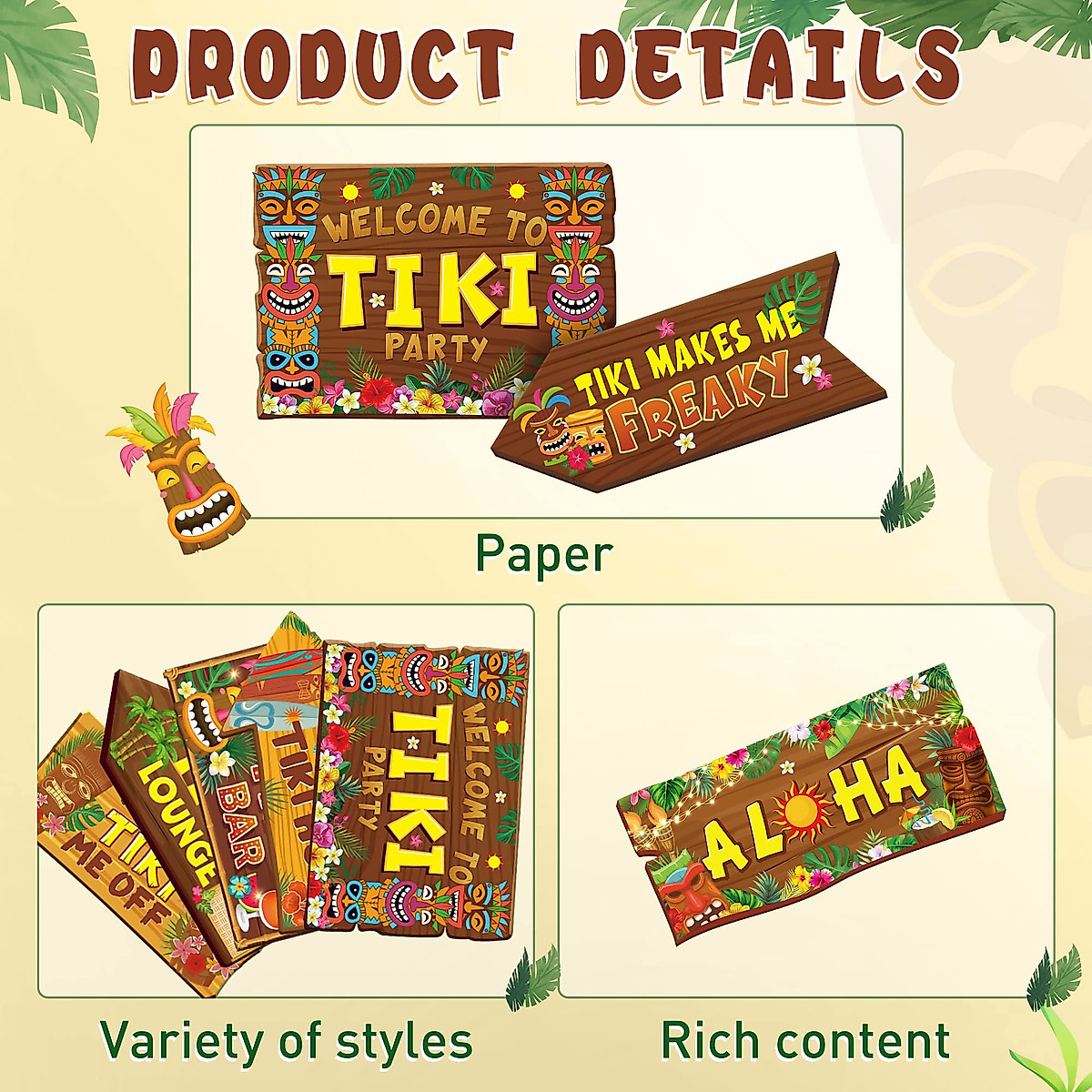 Colarr 20 Pieces Tiki Totem Birthday Party Decorations Hawaiian Luau Party Directional Sign for Aloha Hawaii Luau Tropical Party Supplies, 10 Styles
