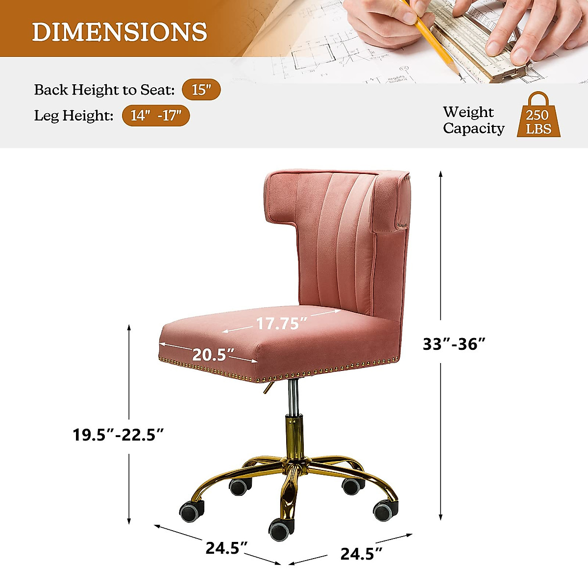 HULALA HOME Velvet Office Chair with Wingback and Decorative Nailhead, Adjustable Swivel Modern Armless Desk Chair, Cute Vanity Chair for Women (Gold Base, Fushia)