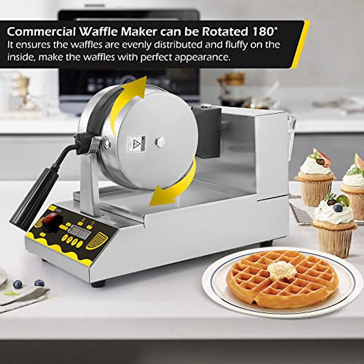 Dyna-Living Belgian Waffle Maker Commercial Intelligent Round Waffle Maker Rotating 180° Nonstick Flip Waffle Iron Machine Professional Commercial Waffle Maker for Restaurant 110V 1250W