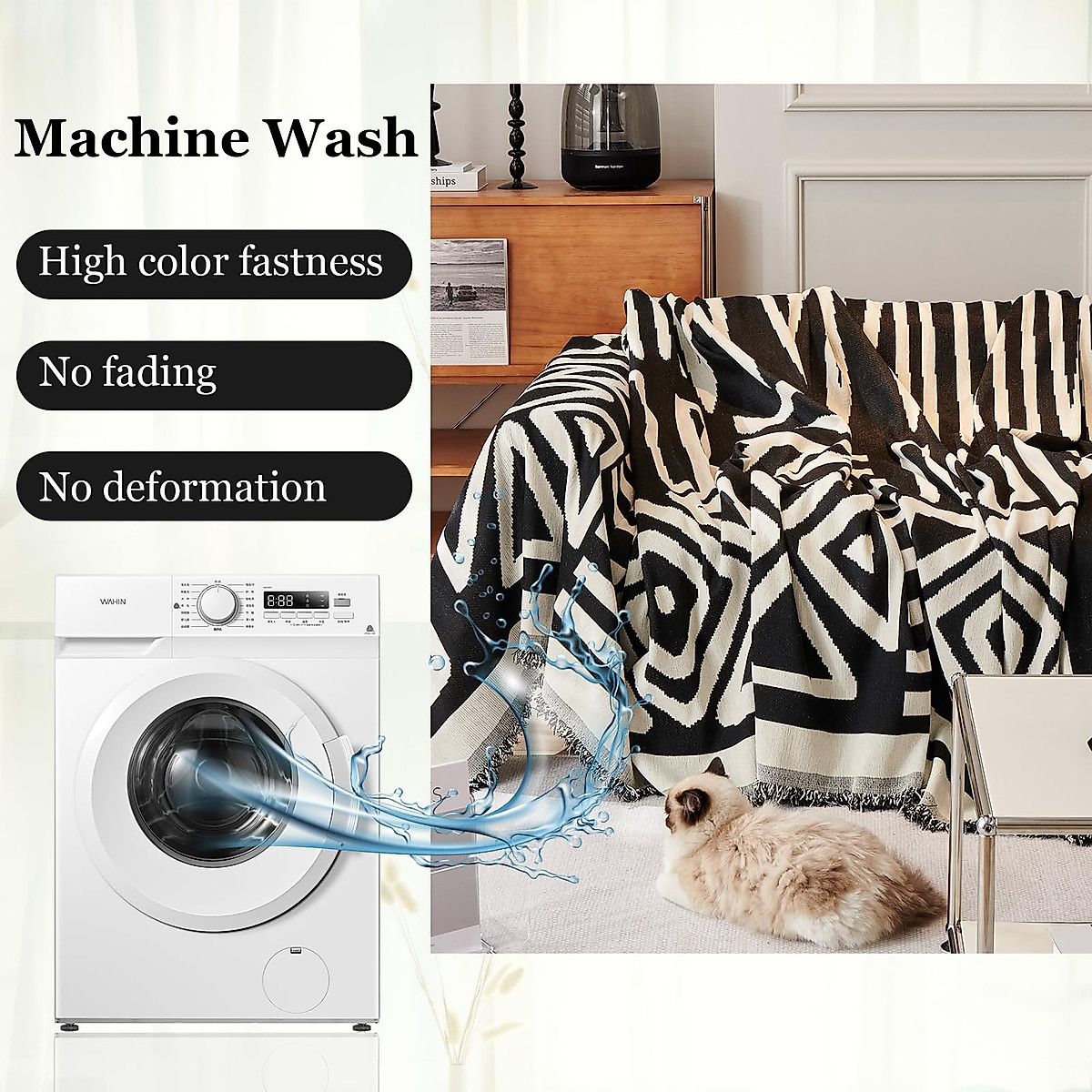 DREAMINGO Boho Sofa Covers for 3 Cushion Couch Chenille Couch Cover for Dogs Geometric Jacquard Sofa Slipcover Living Room Pet Furniture Protector Washable Sectional Couch Covers, 71"x150", Black