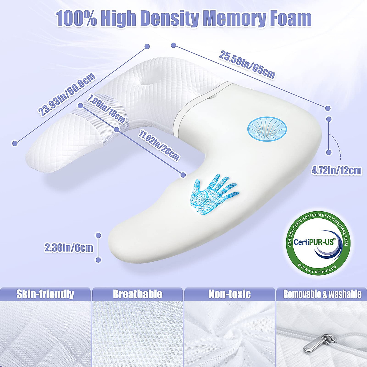 SAHEYER Pillow for Side Sleeper, Odorless Body Pillow for Adults Shoulder Pain Relief, U-Shaped Memory Foam Orthopedic Contour Support Pillows for Neck, Back, Arm with Removable Washable Cover, White