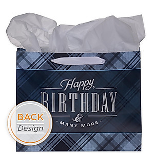 Christian Art Gifts Landscape Gift Bag with Card and Tissue Paper Set - Happy Birthday and Many More, Black and Navy Blue Plaid, Large