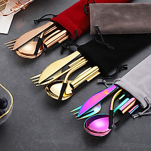 Portable Travel Utensils Set with Case, Stainless Steel Flatware Sets for Lunch Box, Reusable Silverware Set 10 Piece Cutlery Kit Including Fork Knife Spoon Chopsticks Straws (Rainbow)