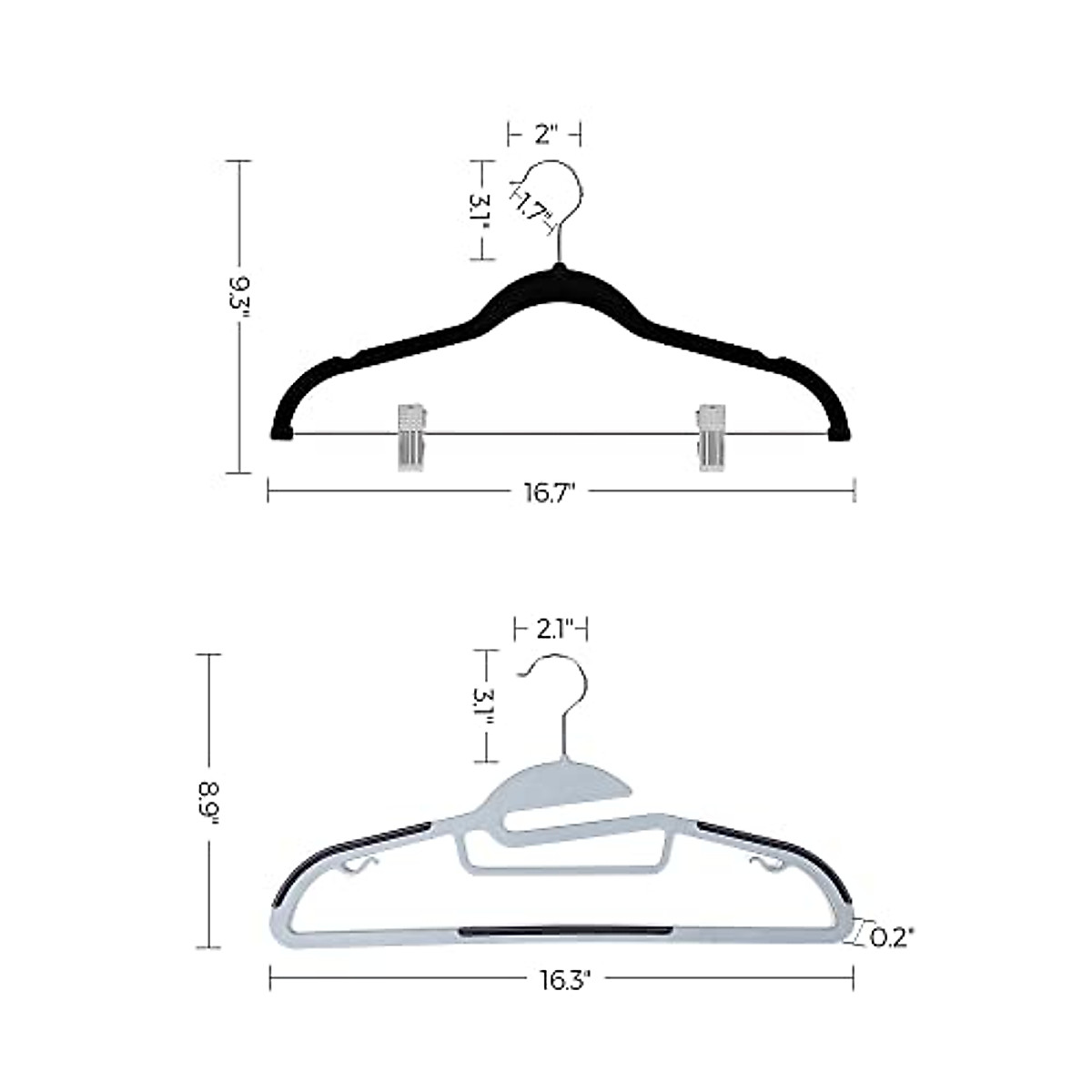 SONGMICS Set of 50 Coat Hangers and 30 Pants Hangers Bundle, Non-Slip Adjustable Metal Clips, Quality Plastic Hangers, Space-Saving, Durable, Pants, Light and Dark Gray, Black UCRP41G-50 and UCRF12B30