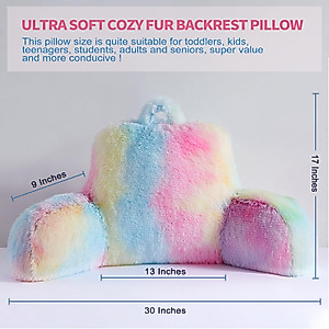 Bedriping Reading Pillow for Bed - Faux Fur Backrest Pillow with Arms, Reading & Bed Rest Pillows Rainbow Colors, Fluffy Sit Up Pillow, Study Pillow for Kid, Tween, Teens & Adult Girls