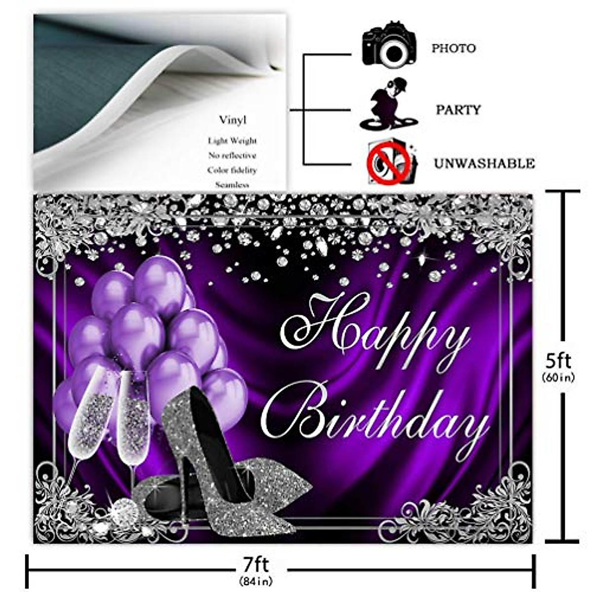 Avezano Silver Purple Birthday Photography Backdrops 7x5ft Purple Balloons Silver High Heels Champagne Diamond Adult Women Birthday Party Banner Decoration for Photo Booth Photoshoot Background