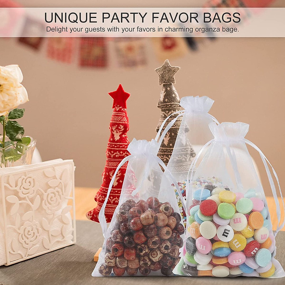 ANZNKU 50 Pack Organza Bags 5 x 7 Inch, White Sheer Favor Bags with Drawstring, Small Mesh Bags Drawstring, Gift Bags Small Size, Sheer Bags Drawstring For Wedding Party