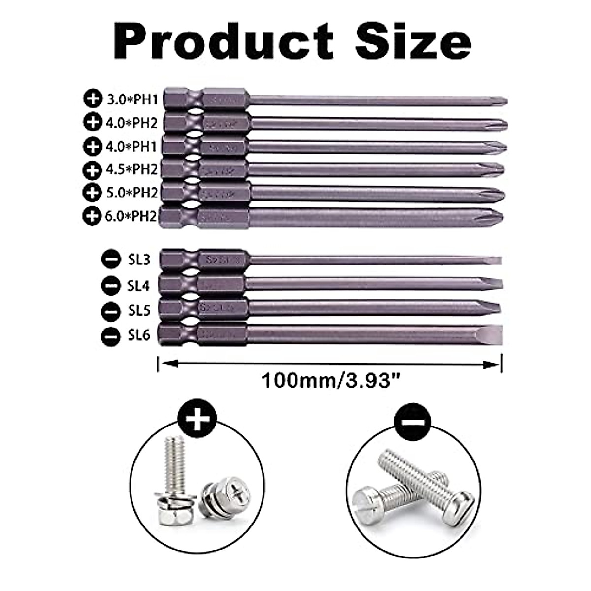 Rocaris 10pcs 1/4 Inch Hex Shank Long Magnetic Screwdriver Bits Set 4 in Power Tools (Slotted+Cross Head)
