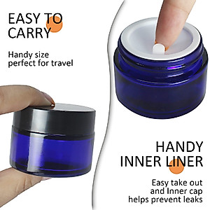 BPFY 24 Pack 1 oz Round Blue Glass Cosmetic Jars with Inner Liners and Black Lids, Travel Glass Jars, Cosmetic Containers for Lip Balms, Powders, Makeup, Cream, Eyeshadow, Slime, Paint