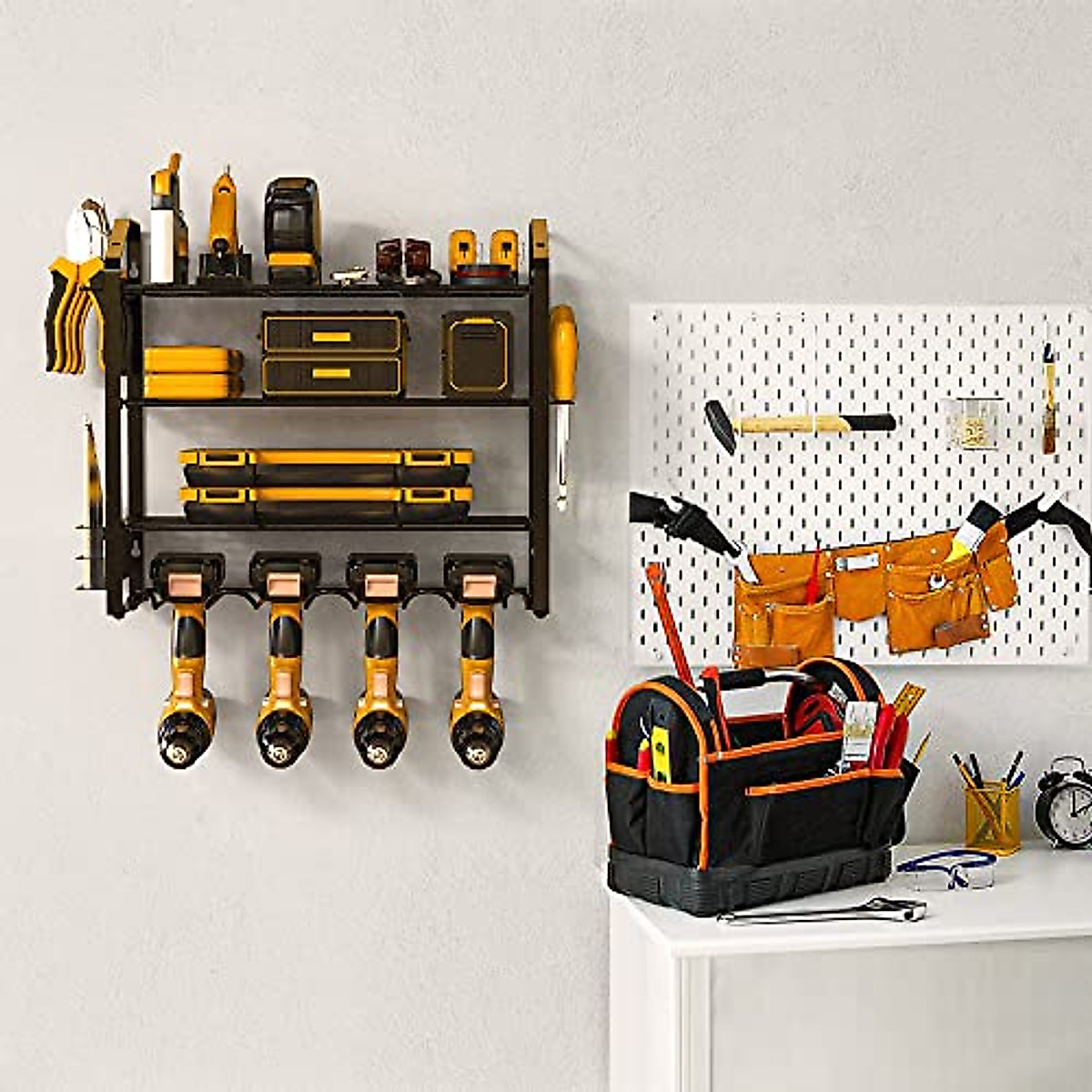 Kcysta Power Tool Organizer, 4 Tier Power Tool Organizer Wall Mount, Heavy Duty Tool Organizers with Drill Holder, Tool Rack Tool Holder Storage Tool Shelf, Black