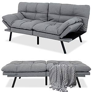 MUUEGM Convertible Futon Sofa Bed, Modern Couch Foldable Linen Memory Foam Couch Sleeper bed with Armrest and Backrest Adjustable Full Size Recliner for Living Room Office Sofabed,71" light Grey