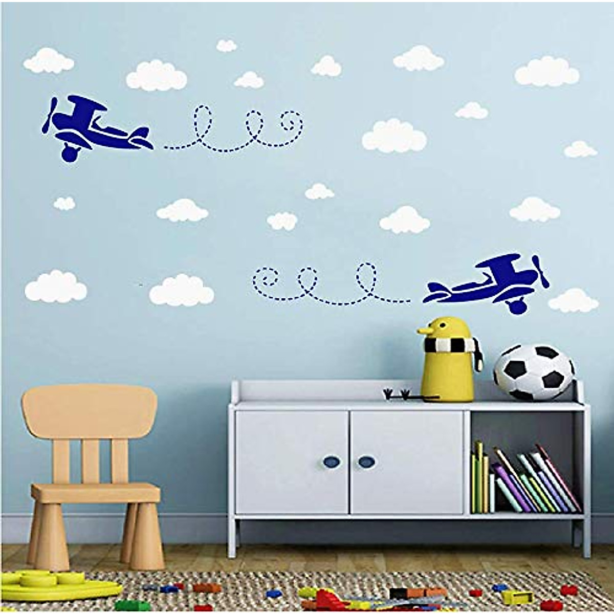 Kids Room Wall Sticker Two Aircrafts with Clouds Wall Decor for Boys Bedroom Wall Sticker Airplane Sky Decoration AM177 (Blue Airplane/White Clouds)