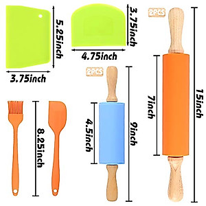 Koogel 8 Pcs Silicone Rolling Pins Set, 15 Inch Non-Stick 9 Inch Kids Rolling Pin Scraper Chopper Silicone Oil Brush Spatula for Parent-Child Baking