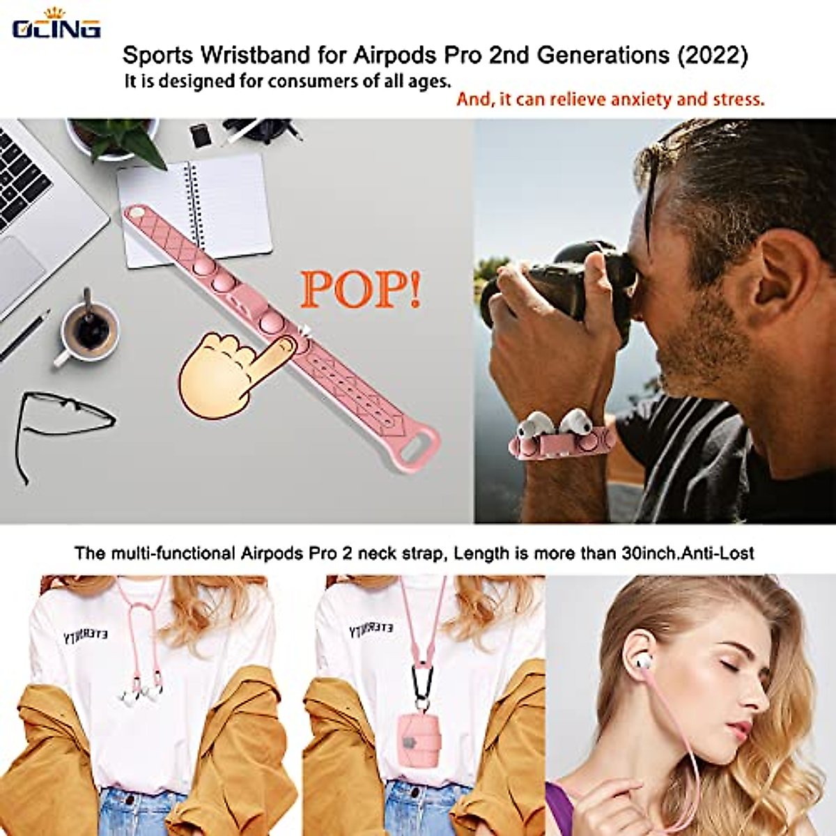 OCING 6 in One Airpods Pro 2 Case with Secure Lock, Full Body Protective Case Compatible with Airpod Pro 2nd / 1st Generation（2022/2019）, Supports Wireless Charging (Pink)