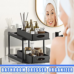 Zubxoal Bathroom Organizer Under Sink, 2 Tier Under Kitchen Sink Organizers and Storage, Under Sink Shelf with 4 Hook, Easy Cleaning Pull Out Bathroom Cabinet Organizers