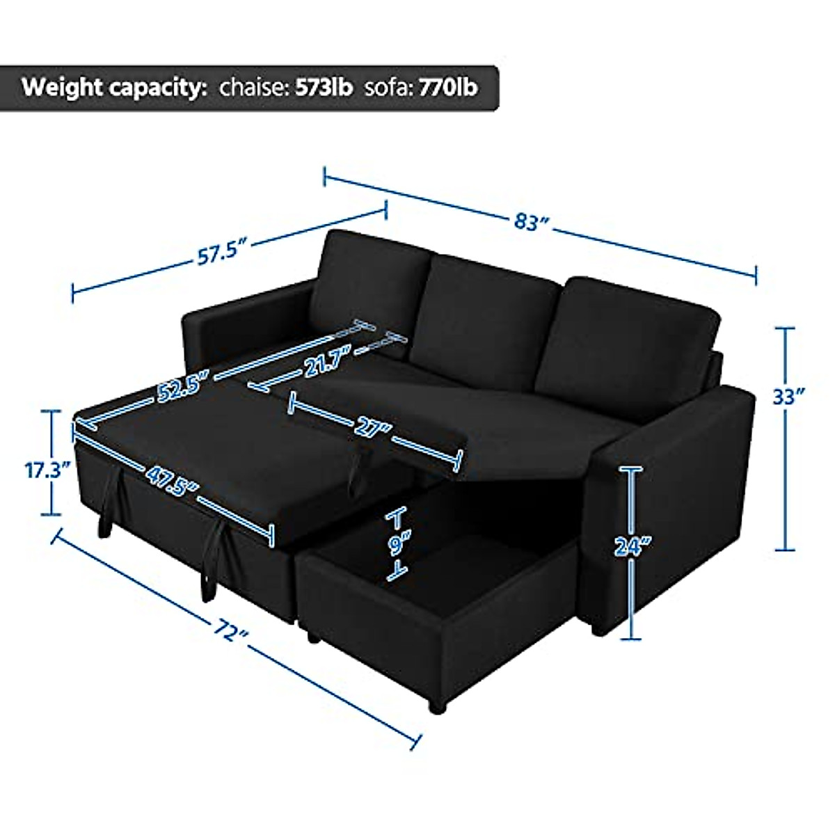 Yaheetech Sectional Sofa L-Shaped Sofa Couch Bed w/Chaise, Reversible Couch Sleeper w/Pull Out Bed & Storage Space, 4-seat Fabric Convertible Sofa, Pull Out Couch, Suitable for Living Room Black