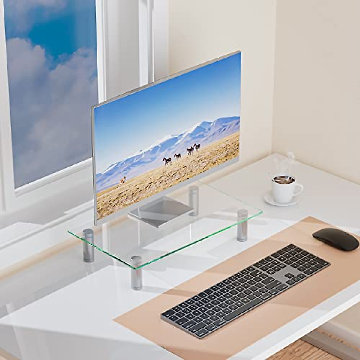 WALI Rectangular Tempered Glass Monitor Riser Desktop Stand Height Adjustable Table Top for Flat Screen LCD LED TV, Laptop, Notebook, Display (GTT001), 16 X 10 inch, Clear