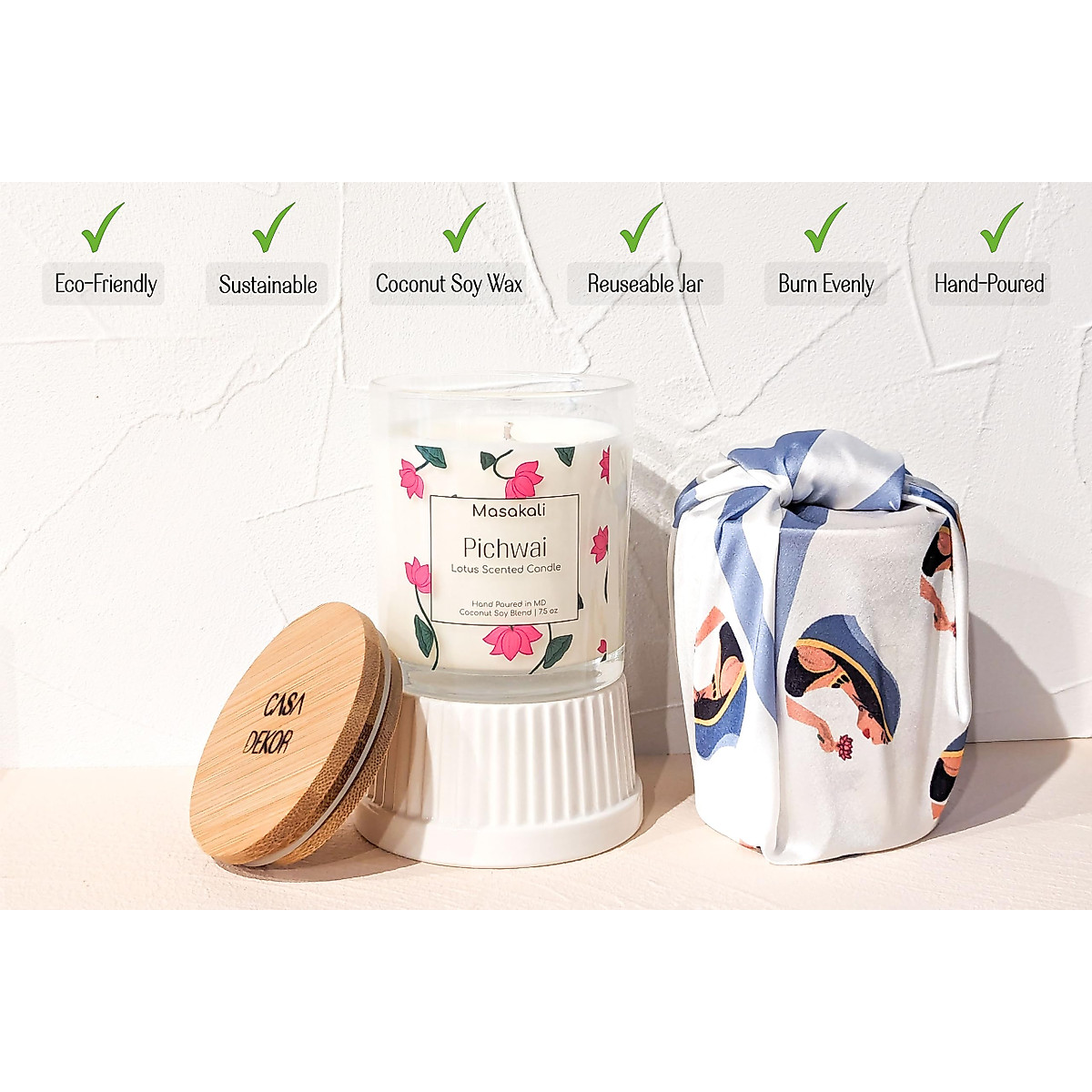 Pichwai - Masakali Collection from Casa Dekor. Handmade Lotus Scented Coconut Soy Wax Candle with Premium & Sustainable Ingredients. 7.5oz - Luxury Scented Candle