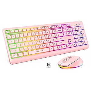 Wireless Keyboard and Mouse Combo Backlit, seenda Rechargeable Full-Size Illuminated 2.4Ghz Silent Keyboard and Mouse for Computer/Laptops/Windows/Gaming, Ice Pink