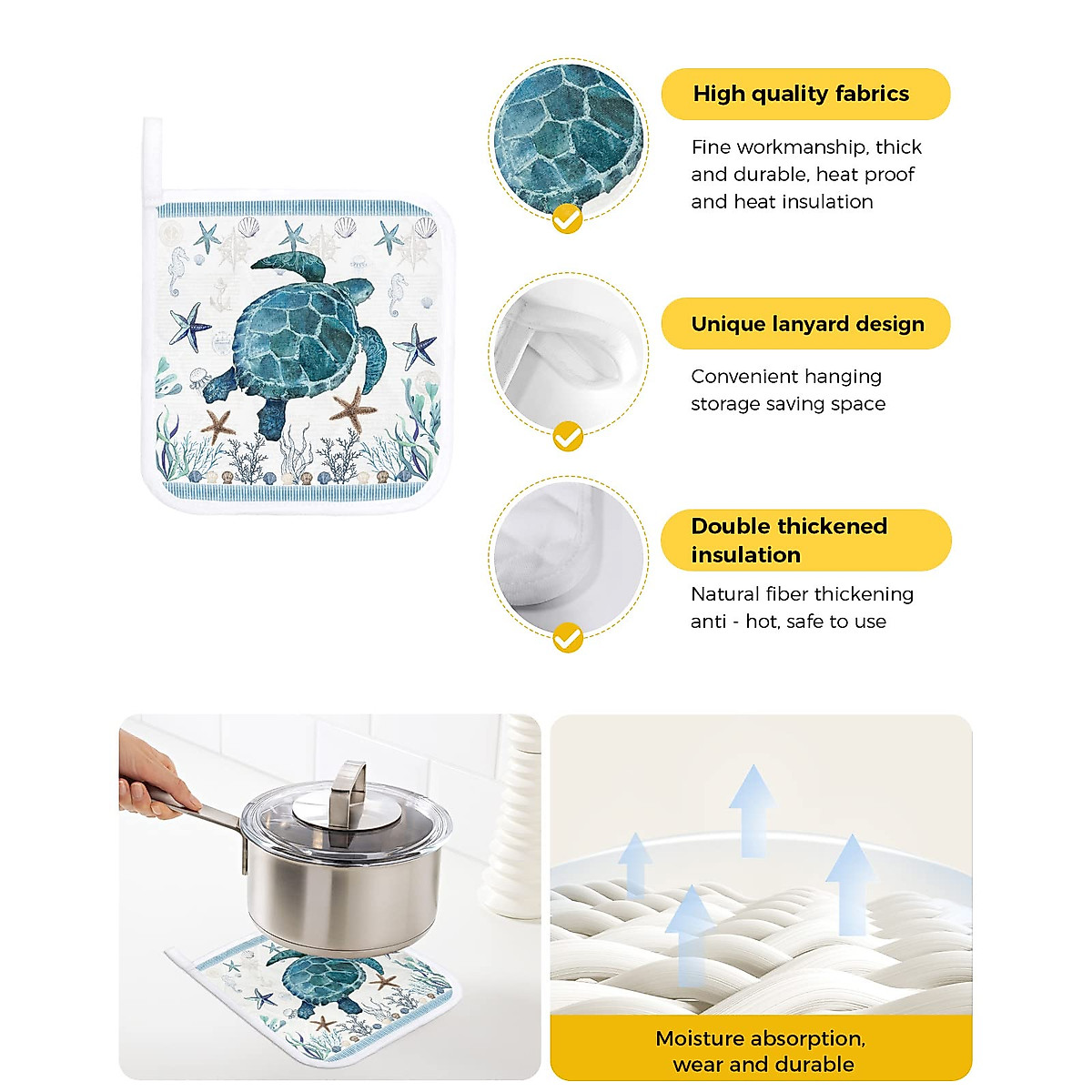2 Pack Pot Holders Heat Insulation Potholder, Sea Turtle Hot Pads Multipurpose Oven Pads Terry Cloth Potholders for Kitchen Cooking Baking Dining Table Ocean Themed Starfish Seaweed
