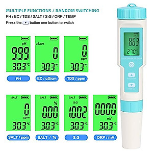 Water Quality Tester, Salt Tester, Digital Screen 7 in 1 Multifunction Pen Type Water Quality Testing Meter Fast Accurate Calculation Salinity PH TDS EC ORP Tester IP67 Waterproof Detachable Probe