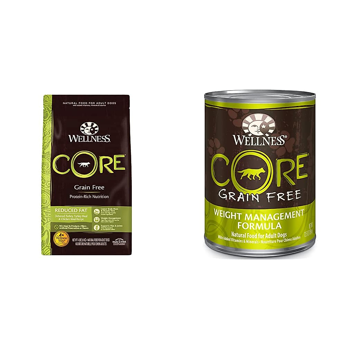 Wellness CORE Grain Free Weight Management Dry Dog Food, Turkey & Chicken Meal, 4 Pound Bag CORE Wet Dog Food Pate, Chicken, 12 Cans, 12.5 Ounce Can