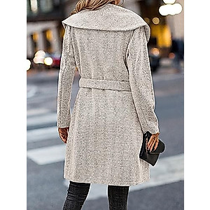 ECOWISH Women Coat Long Jacket: Winter Fashion Long Sleeve Lapel Casual Overcoat With Belt Beige Large