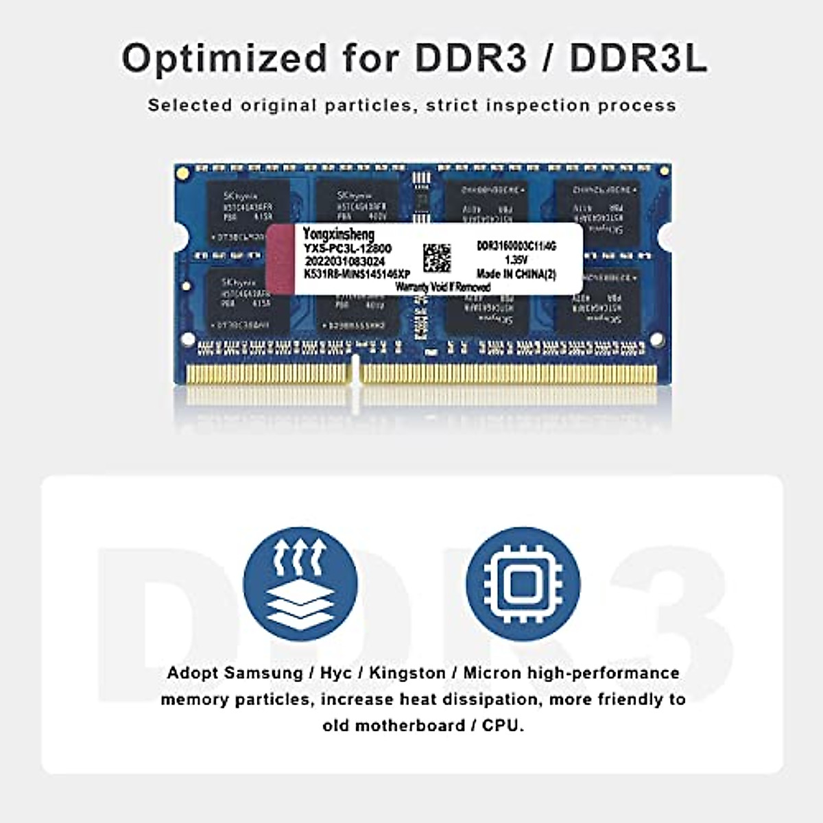 Yongxinsheng DDR3 / DDR3L 8GB Kit (4GBx2) Laptop RAM 1600MHz PC3L/PC3-12800 SODIMM Non-ECC Unbuffered 1.35V/1.5V 2Rx8 Dual Rank 204 Pin CL11 Notebook Computer Memory Upgrade Module(Blue)