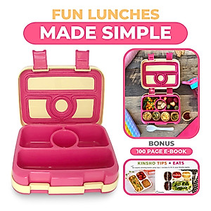 kinsho Bento Lunch Box for Kids Toddlers Girls, 4 Portion Sections Secure Lid, Microwave Safe BPA Free Removable Tray, Pre-School Kid Daycare Lunches Snack Container Ages 3 to 5, Cute Summer