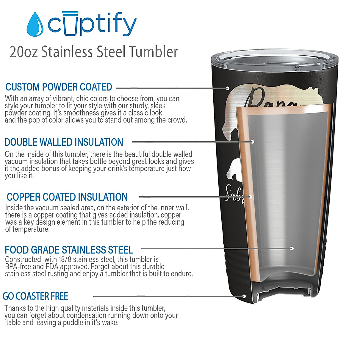 Papa Bear Tumbler Personalized Engraved Cubs on Black Matte 20 oz Custom Insulated Stainless Steel Cup with Lid for Dad Father Gift