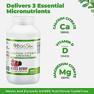 BariSlim Bariatric Calcium Citrate with Magnesium and Vitamin D Tabs - 500 mg of Calcium Citrate Per Serving - Formulated for Patients After Weight Loss Surgery | Mixed Berry (90 Servings)