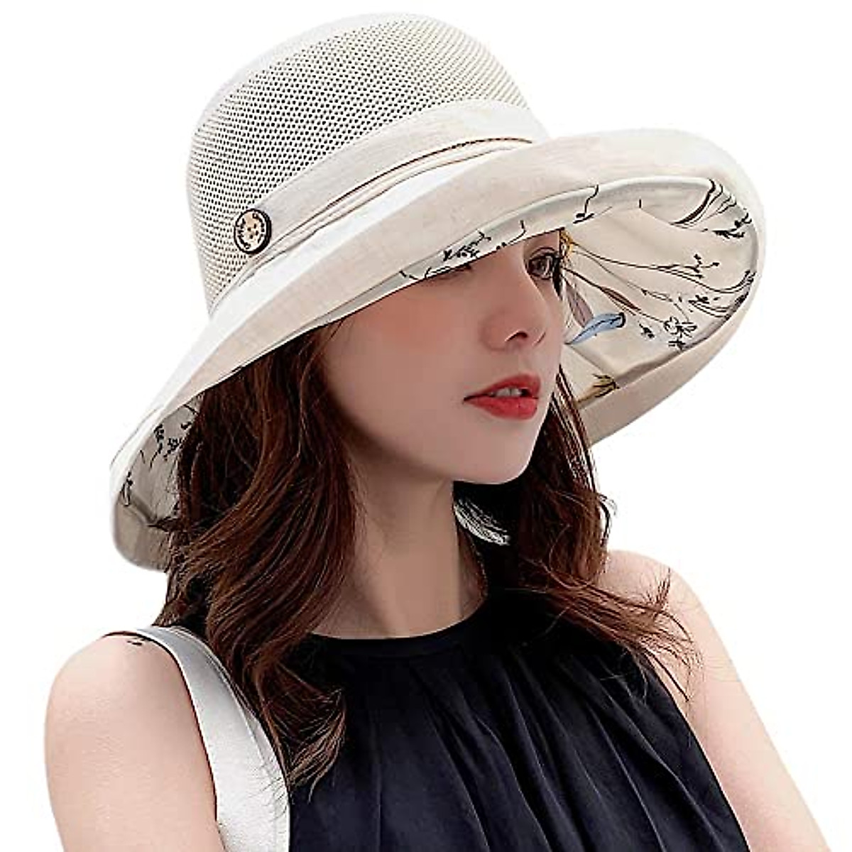 Mesh Sun Hats Women's Foldable Fishing Hat Wide Brim Summer Outdoor UV Protection Beach Bucket Cap with Chin Strap Beige