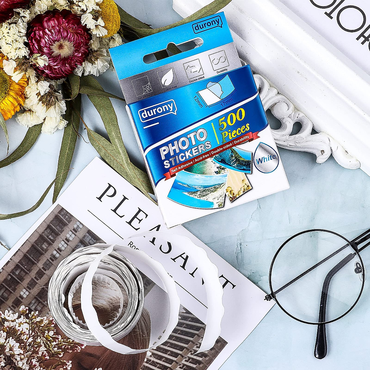 Durony 500 Pieces Photo Sticker White Double-Sided Self Adhesive Photo Tapes for Pictures DIY Photo Album Journal