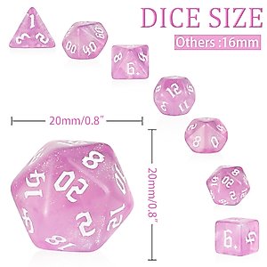 DND Dice Pink Transparent Dice with Color Changing Glitter for Dungeons and Dragons Role Playing Game,D&D,MTG,Pathfinder Dice Set with Dice Pouch(Sickle Handwriting)