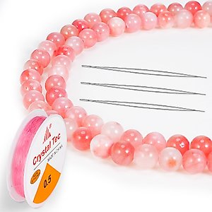 Ecally Natural Gemstone Beads for Jewelry Making, Pink Crystals Marbles Kit,8 mm Marble Beads,45 PCS Round Beads, Crystal Beads for Bracelets Making Bead Cord Needles, Adult (Pink White)