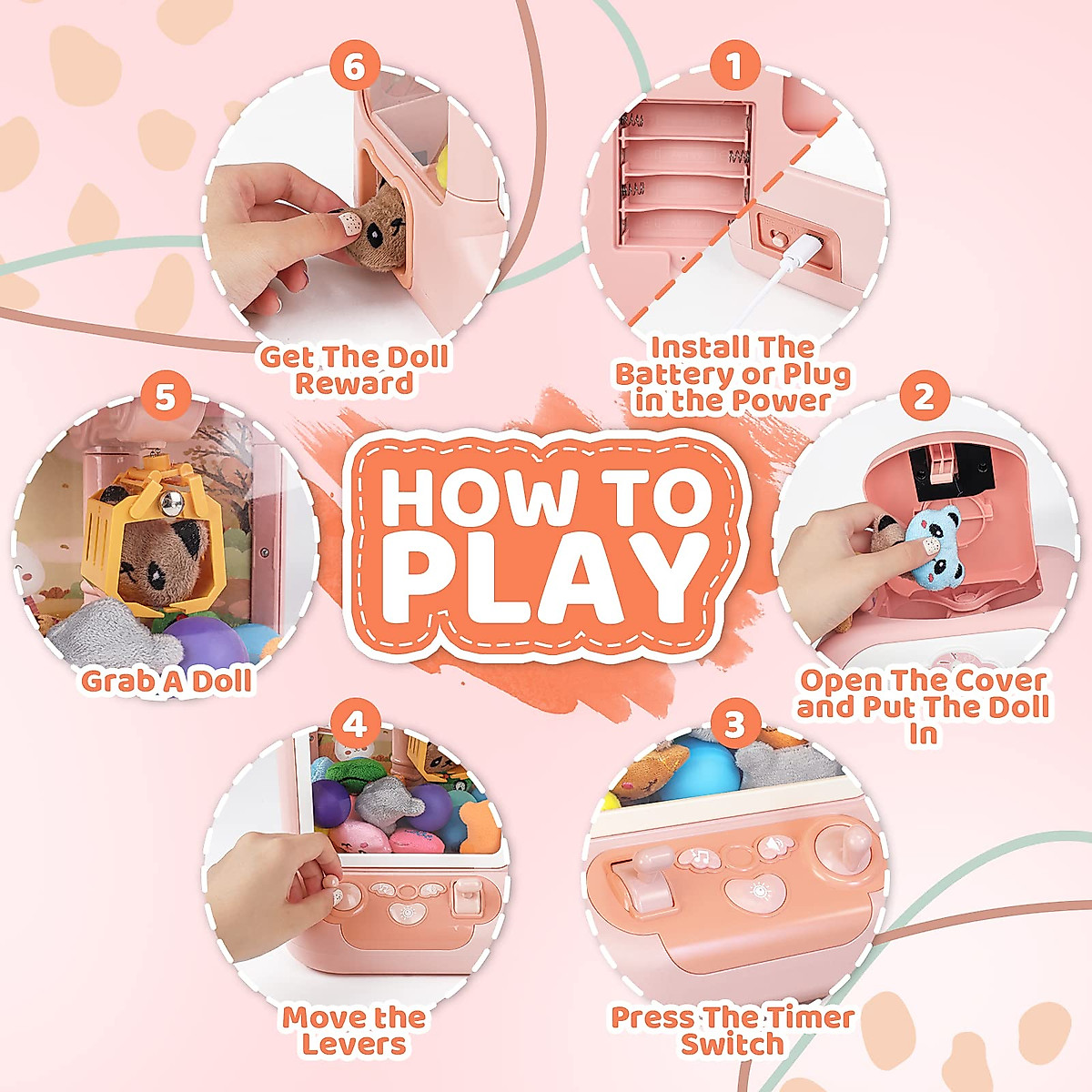 deAO Kids Claw Machine with Music, Mini Vending Machine with 20 Plush Toys,10 Gashapons,Mini Claw Machine Crane Game Toys Candy Machine for 3+ Kids Girls Boys