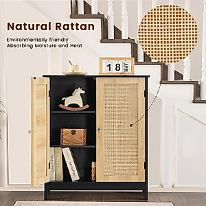 Iwell Storage Cabinet with Rattan Doors, Bathroom Storage Cabinet with Adjustable Shelf, Floor Cabinet for Living Room, Entryway, Kitchen, Home Office, Black
