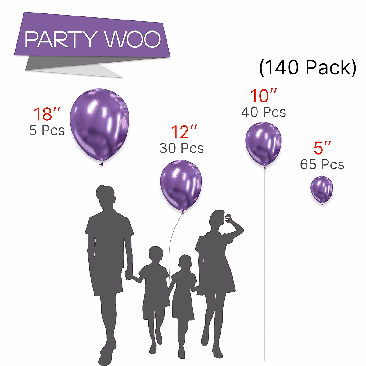 PartyWoo Metallic Purple Balloons, 140 pcs Purple Metallic Balloons Different Sizes Pack of 18 Inch 12 Inch 10 Inch 5 Inch Purple Balloons for Balloon Garland Arch as Party Decorations, Purple-G105