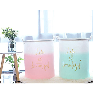 PFONB Pink Girls Laundry Hamper,19.7" X-Large Laundry Basket collapsible Waterproof Sturdy Thicken Canvas Kids Nursery Baby Clothes Basket (Life Pink)