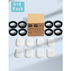 Cat Water Fountain Filters(8+8pcs), Replacement Filters for 3.2L/108oz(2L/ 67oz) Stainless Steel Pet Fountain, Dog Water Fountain, 8pcs Carbon Filters + 8pcs Sponges