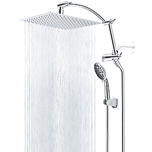 Hibbent All Metal Shower Head,10'' High Pressure Rain Shower Head/Handheld Showerhead Combo with 16'' Adjustable Arc-shaped Shower Extension Arm, 7-Spray, 71'' Hose Adhesive Showerhead Holder, Chrome