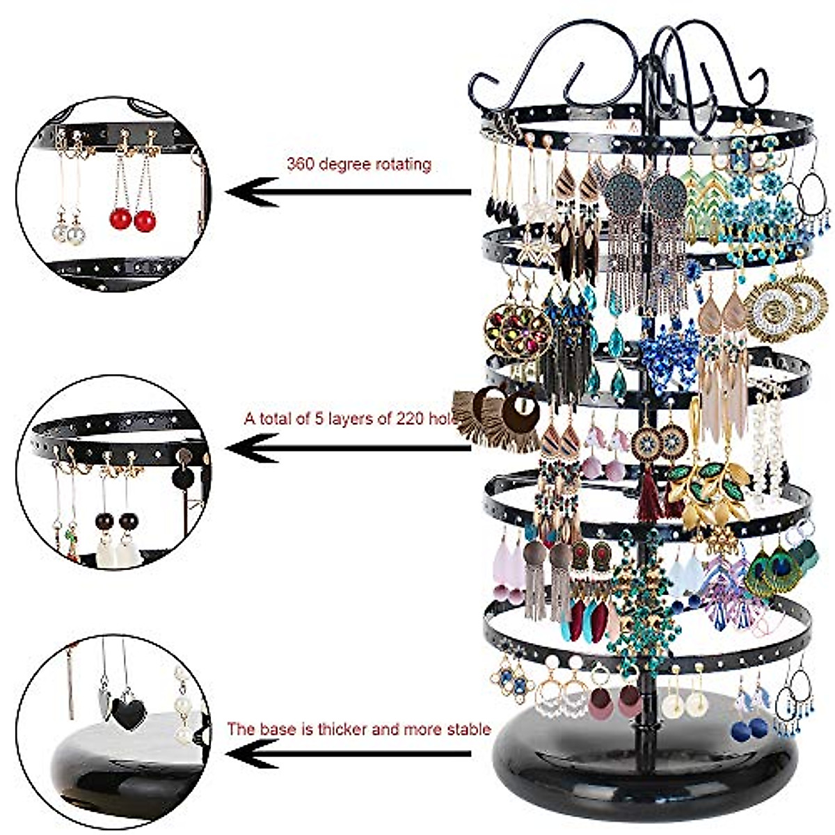 MODOWEY 5 Tiers Metal Rotating Earring Holder Organizer, Exquisite Jewelry Display Stand Necklace Rack Holder, 220 Holes for Earrings- 14x6.3 Inch (Black)