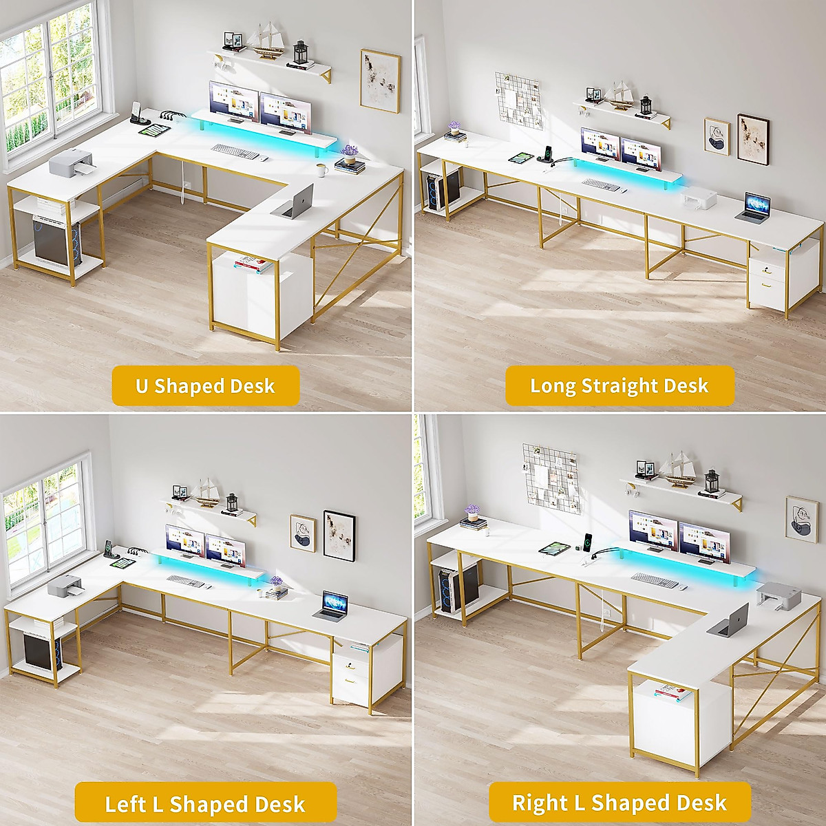 DWVO U Shaped Desk with Drawers, 79" Reversible L Shaped Desk with Power Outlets & LED Lights, Corner Computer Desk with Monitor Stand & Storage Shelves, White & Gold