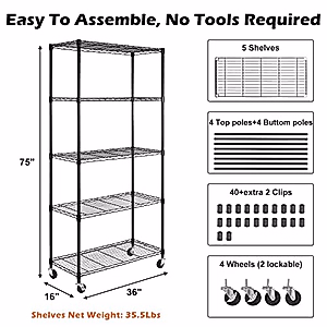 WDT 5-Shelf Shelving Storage Units on Wheels Casters, Adjustable Heavy Duty Metal Shelf Wire Storage Rack for Home Office Garage Kitchen Bathroom Metal Rack (16”Wx36”Dx75”H), Black