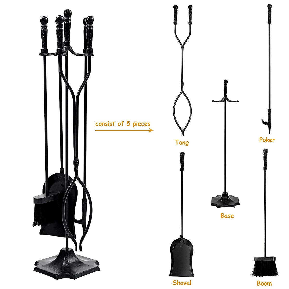 Tangkula 32 inch Fireplace Set 5 Piece Rustic Heavy Duty Compact Wrought Iron Fire Place Tool Set with Pedestal Place, Hearth Tool