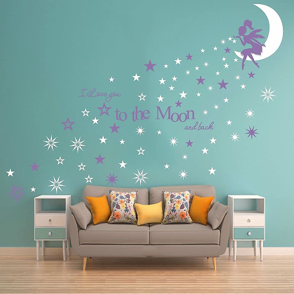 ANFRJJI Fairy Wall Decal "I Love You to The Moon and Back" Fairy Wall Sticker White moon and stars and purple elf fairy text and stars for Girl, Kids Bedroom Wall Decals, Nursery Decor JWH165 (purple