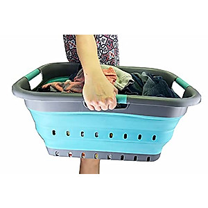 SAMMART 41L (10.8 Gallon) Collapsible Plastic Laundry Basket - Foldable Pop Up Storage Container/Organizer - Portable Washing Tub - Space Saving Hamper/Basket (Grey/Crystal Blue)