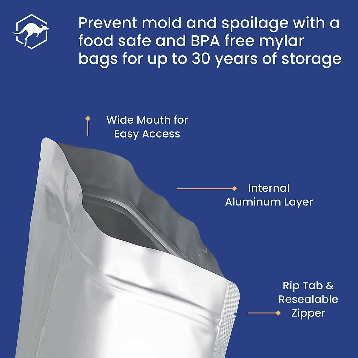 50x Wallaby 2-Quart Gusset Mylar Bag Bundle - (7 Mil - 8" x 12") Stand-Up Zipper Pouches + 50x Labels - Heat Sealable, Food Safe, & Reliable Long Term-Food Storage Solutions - Silver