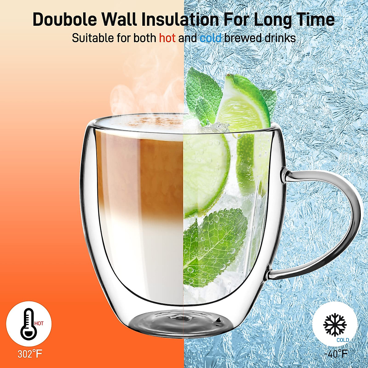 Dyserbuy Double Wall Glass Coffee Mugs Set of 4, 8.5oz Insulated Espresso Cups Coffee Cups, Drinking Glasses with Handle, Perfect for Latte,Cappuccino,Hot Chocolate,Tea and Juice